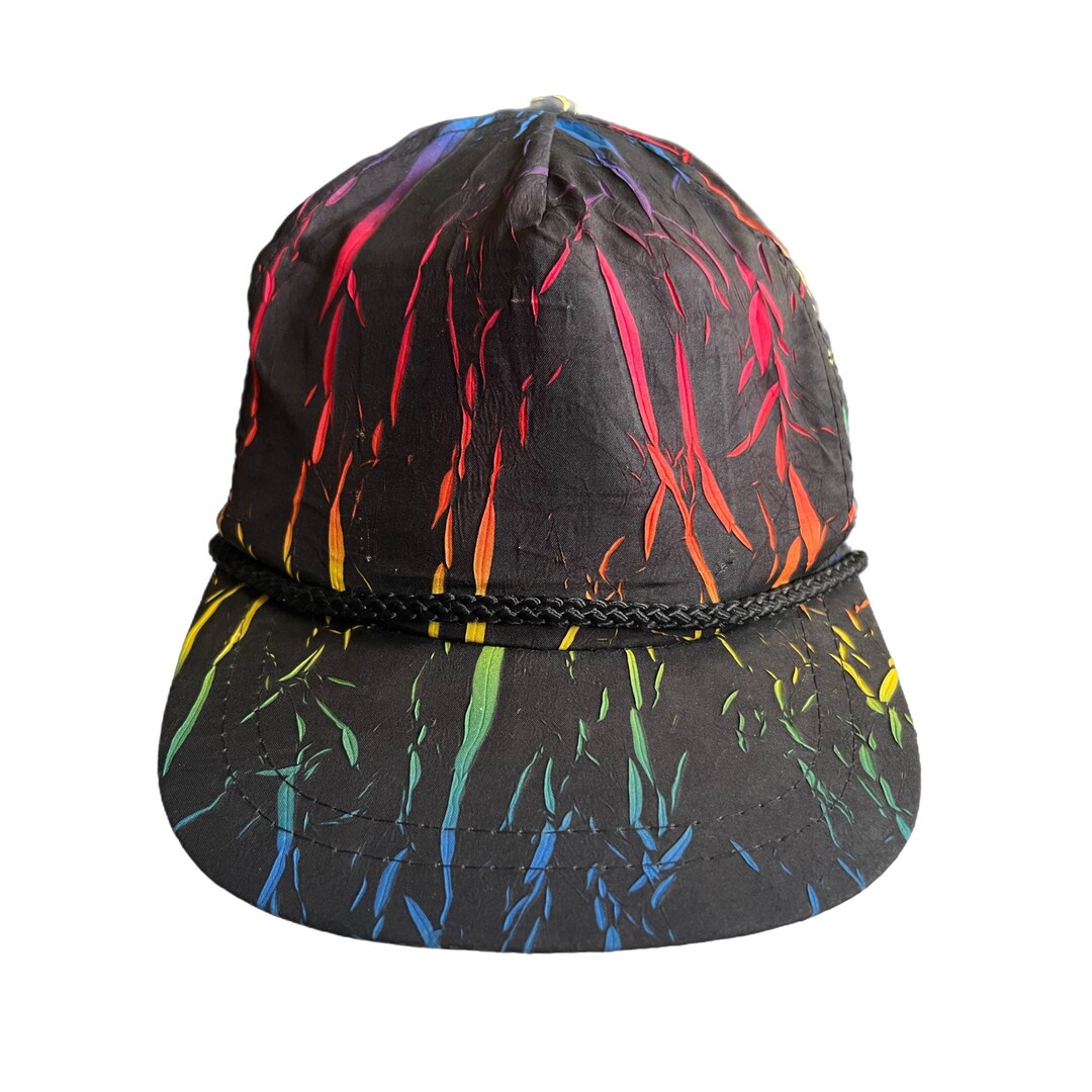 Vintage Nylon Black & Neon Rainbow Streaks Adjustable Snapback Hat Cap ...