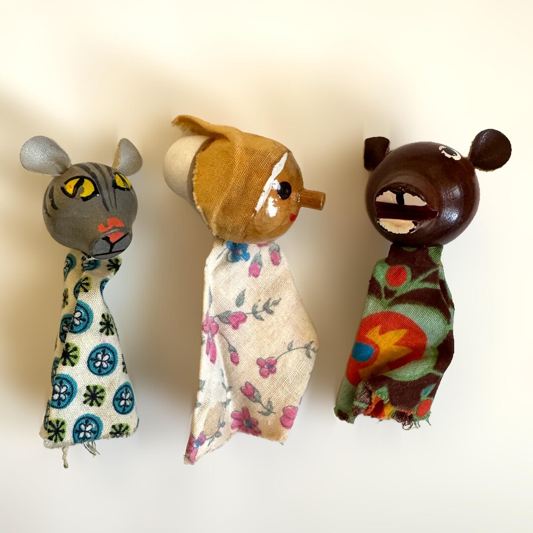Vintage 1960’s Painted Wooden & Fabric Finger Puppets Mouse Cat Bear ...