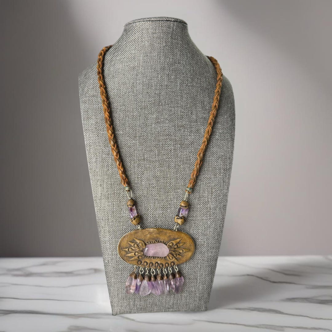 Vintage Artisan Amethyst Stone Polymer Clay Leather Statement Pendant ...