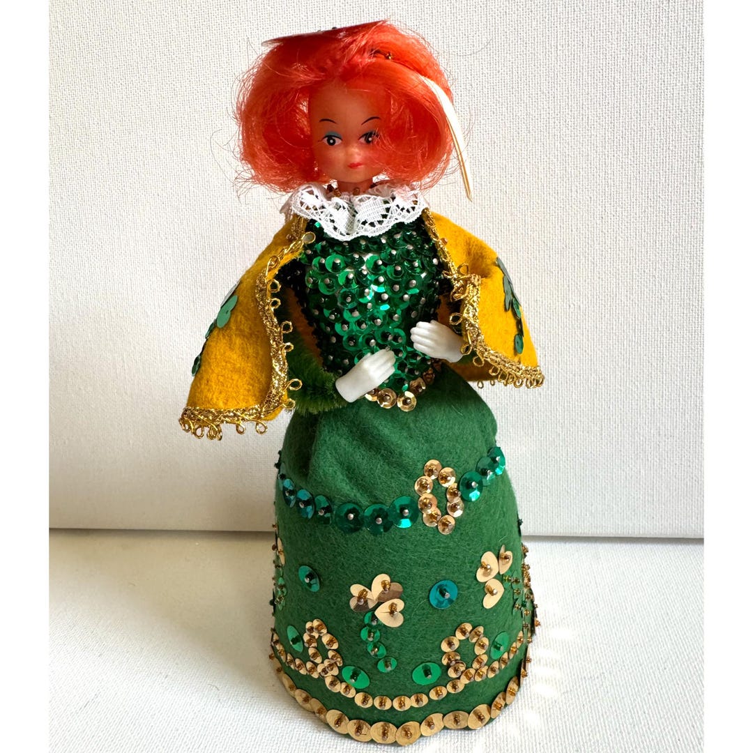1960s Push Pin Doll Irish Colleen Red Hair Green Gold Shamrock Sequins ...