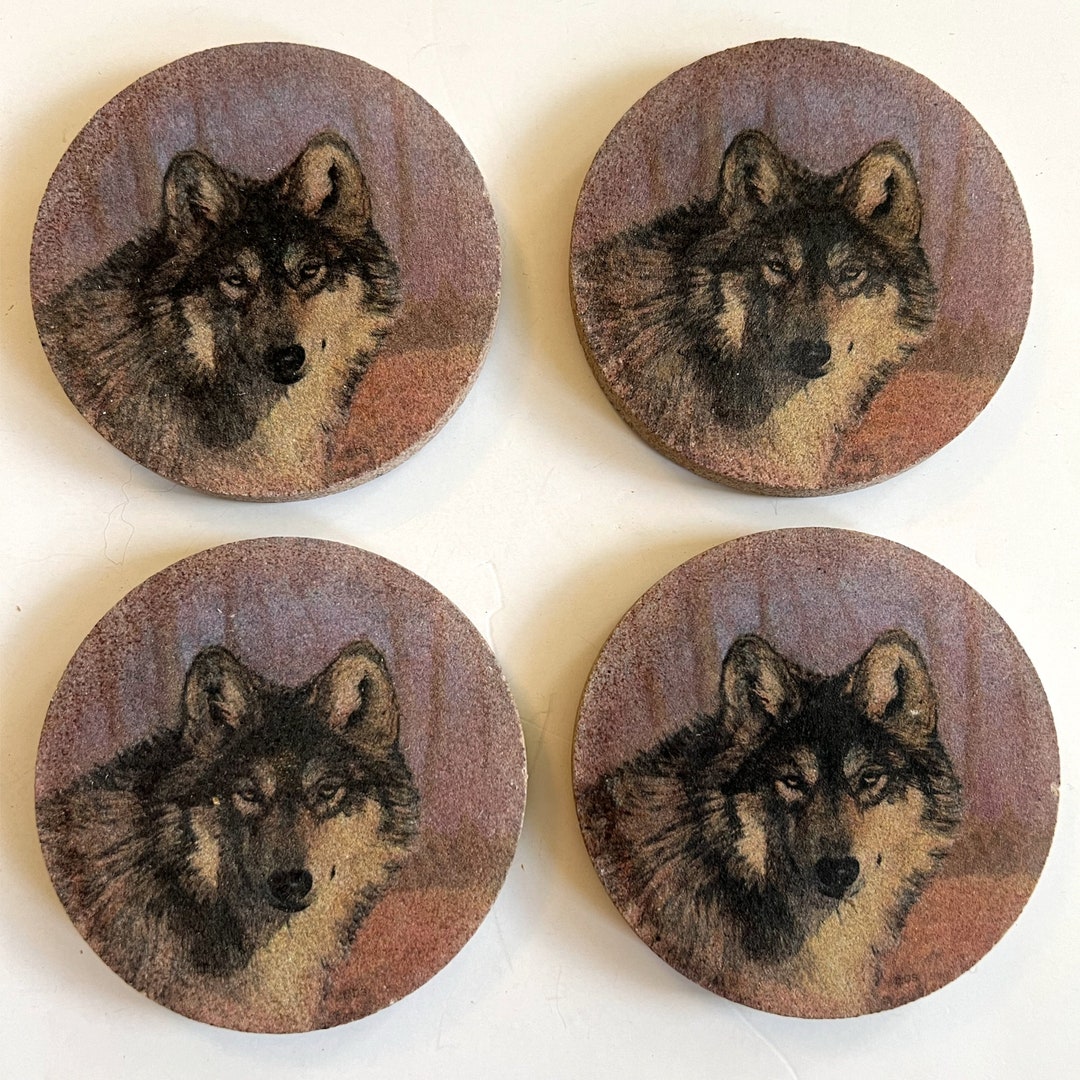 Vintage Set of 4 Sand Art Sandstone Wolf Wolves Coasters Nature Animals ...