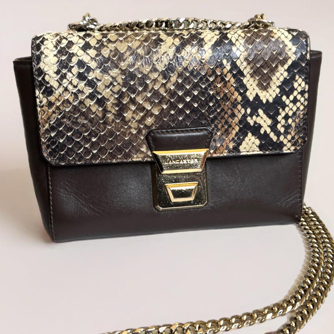 Vintage Lancaster Brown Leather Python Snakeskin Chain Strap Purse ...