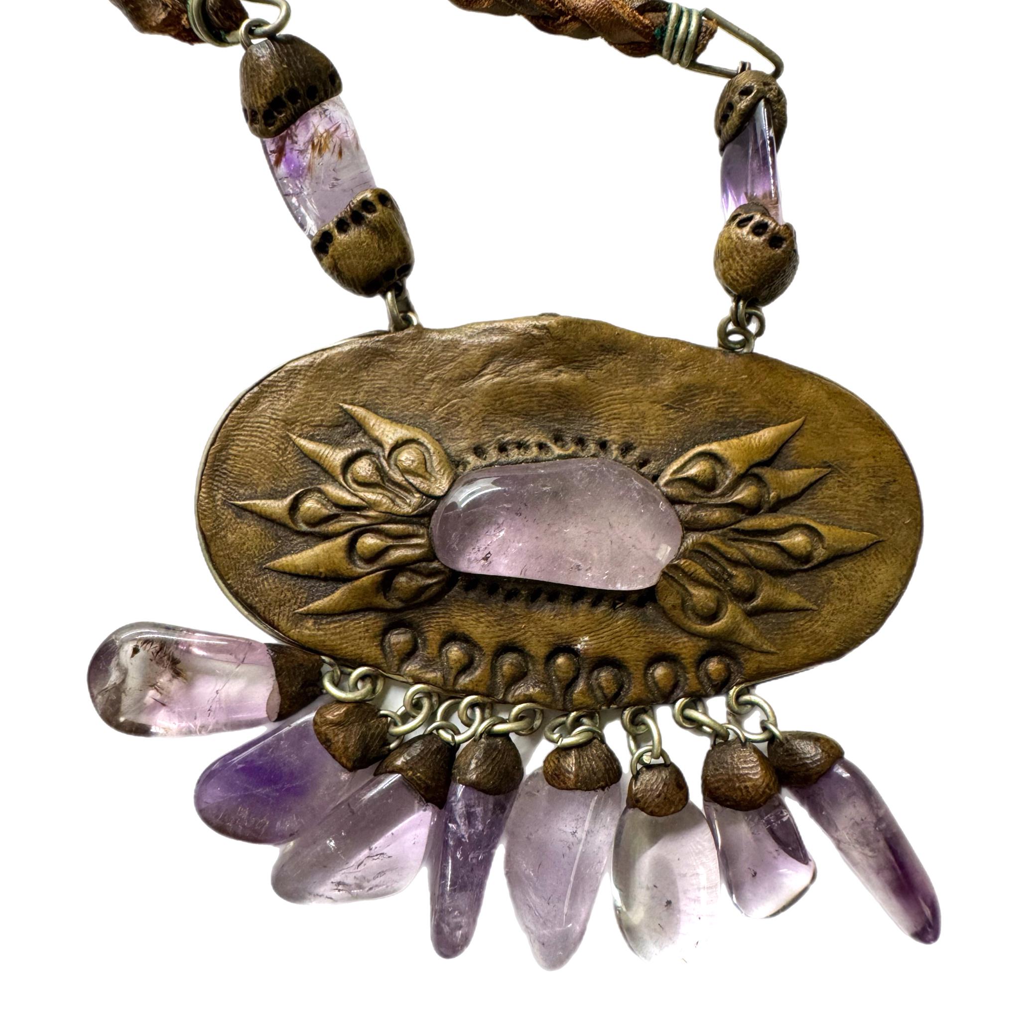 Vintage Artisan Amethyst Stone Polymer Clay Leather Statement Pendant ...