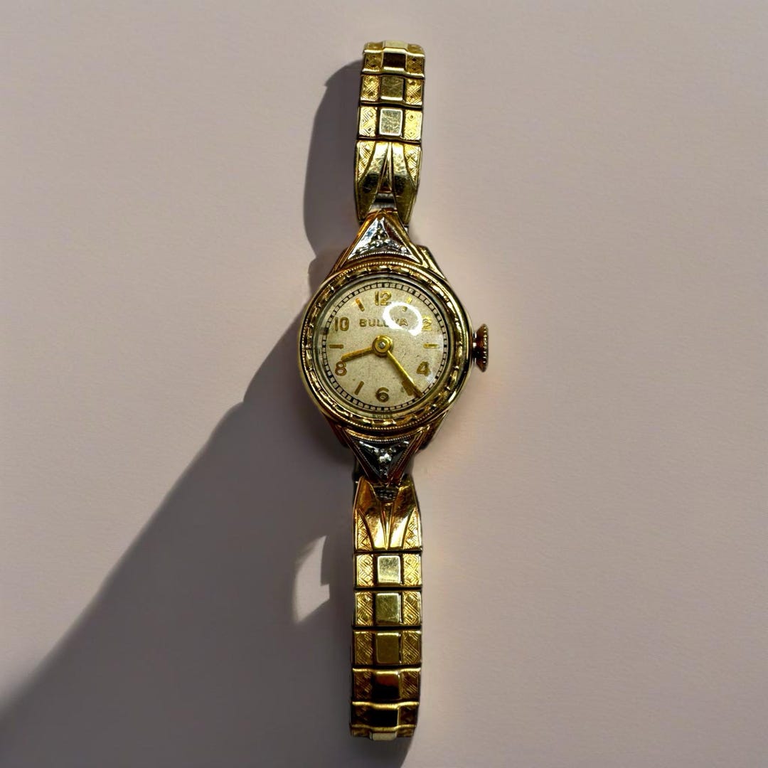 Vintage Bulova 10K Gold Filled Stretch Band Wrist Watch Diamond Art ...