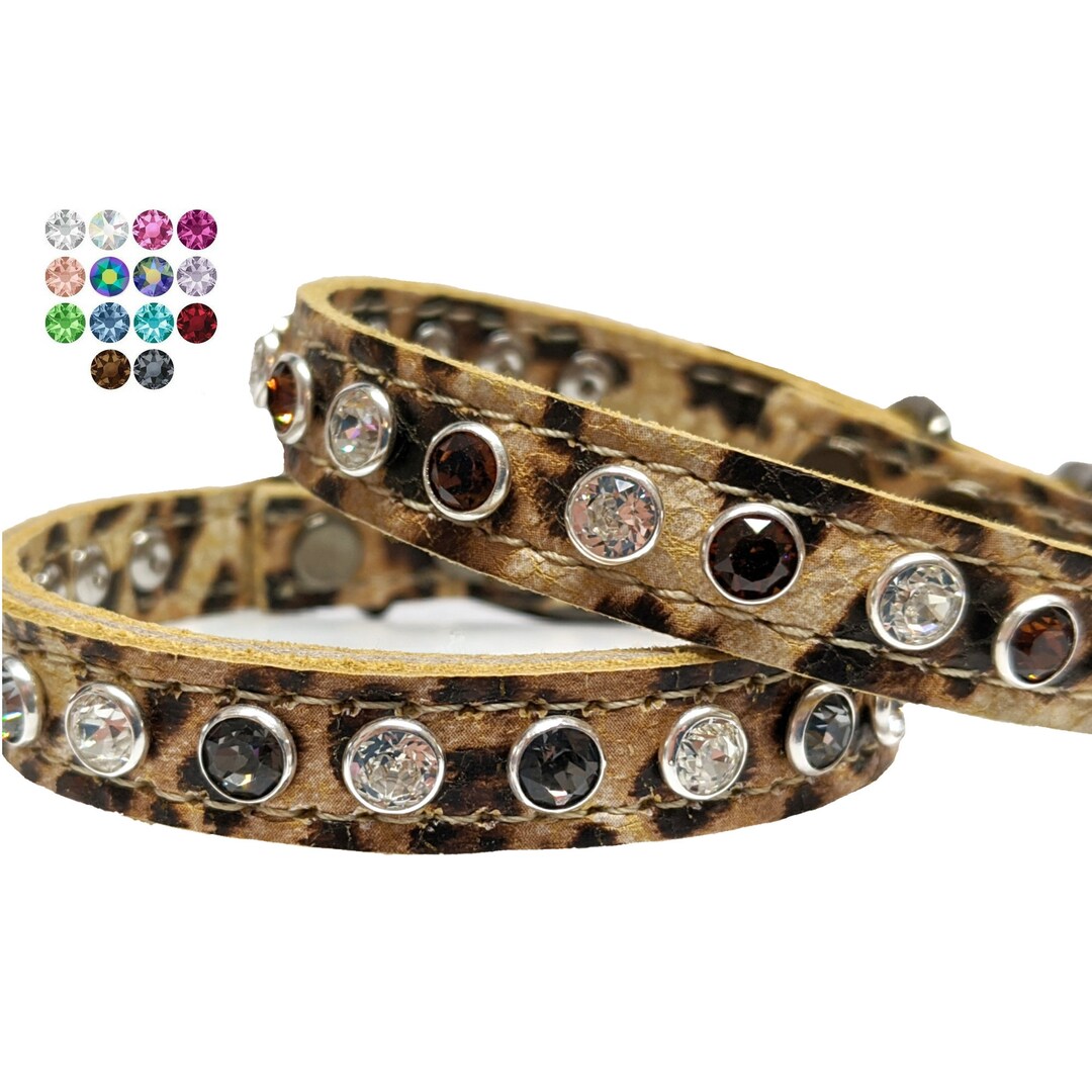 Leopard Print Leather Dog Collars With Crystal Bling, Leopard Print Cat ...