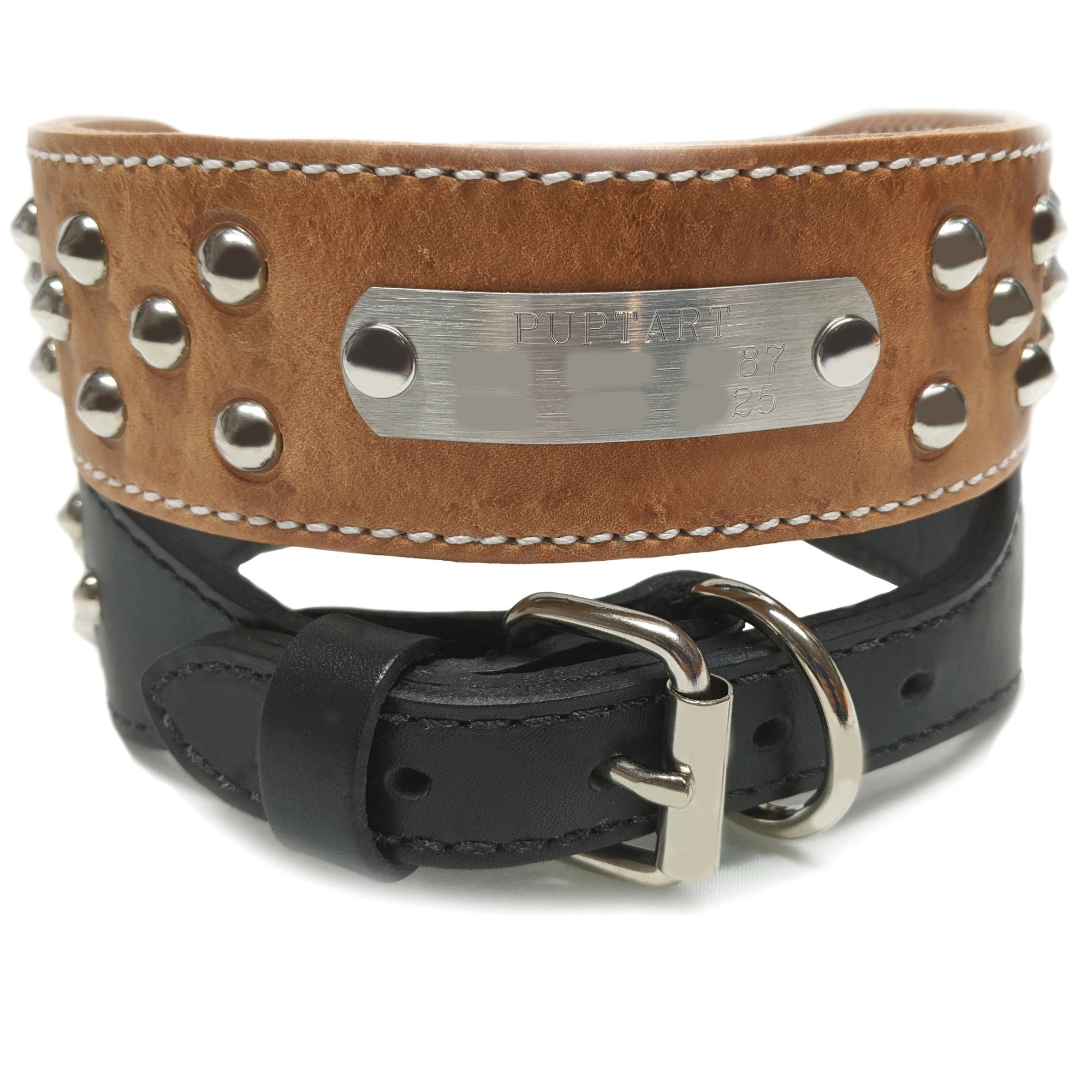 2 Wide Leather Dog Collars with Nameplate and Studs | Etsy