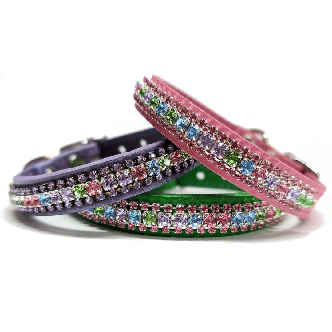Leather Dog Collars With Pastel Diamante Crystals, Fancy Cat Collars ...