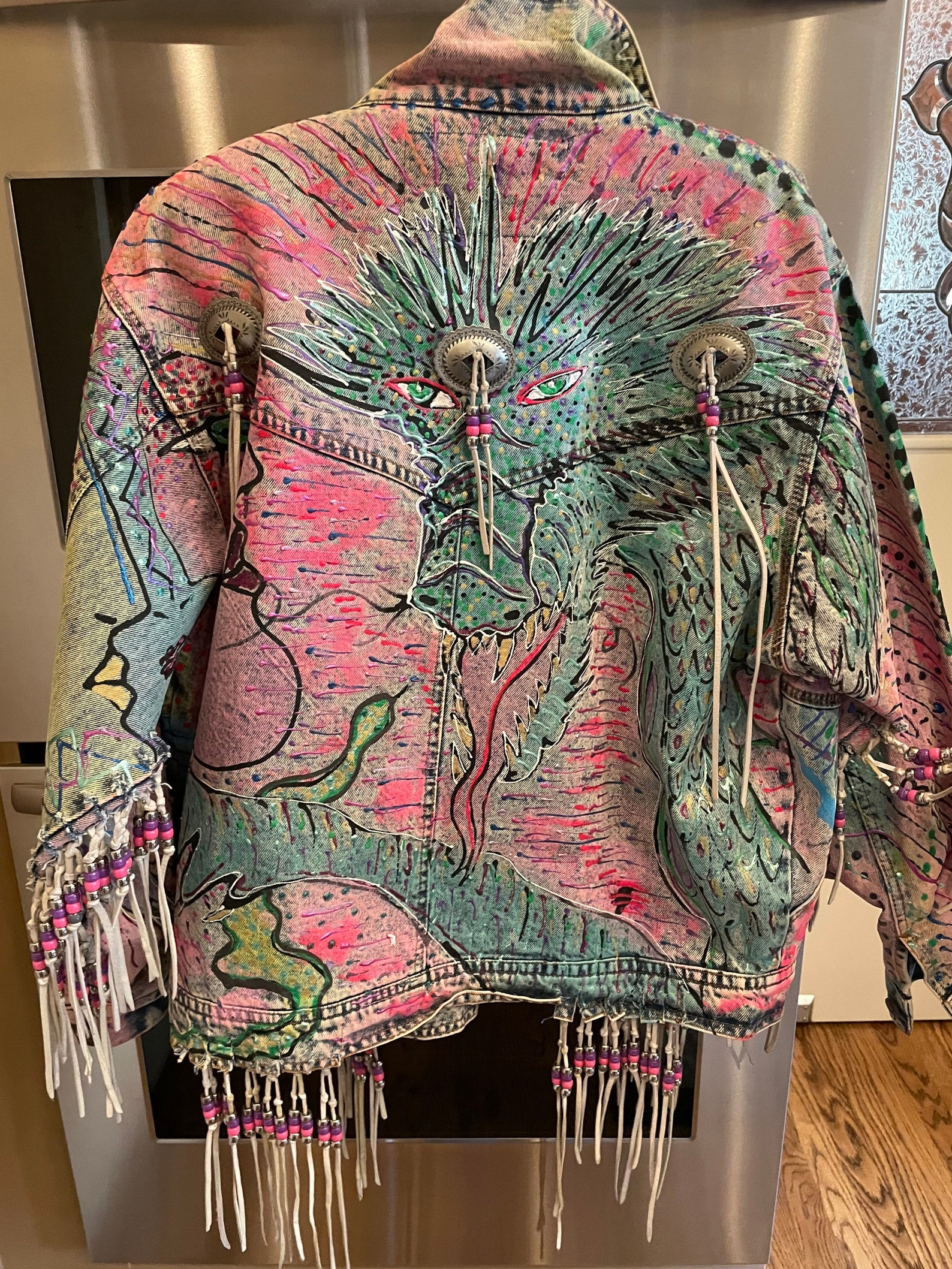 Vintage Jean Jacket 90s Hand Painted With Leather Fringe - Etsy