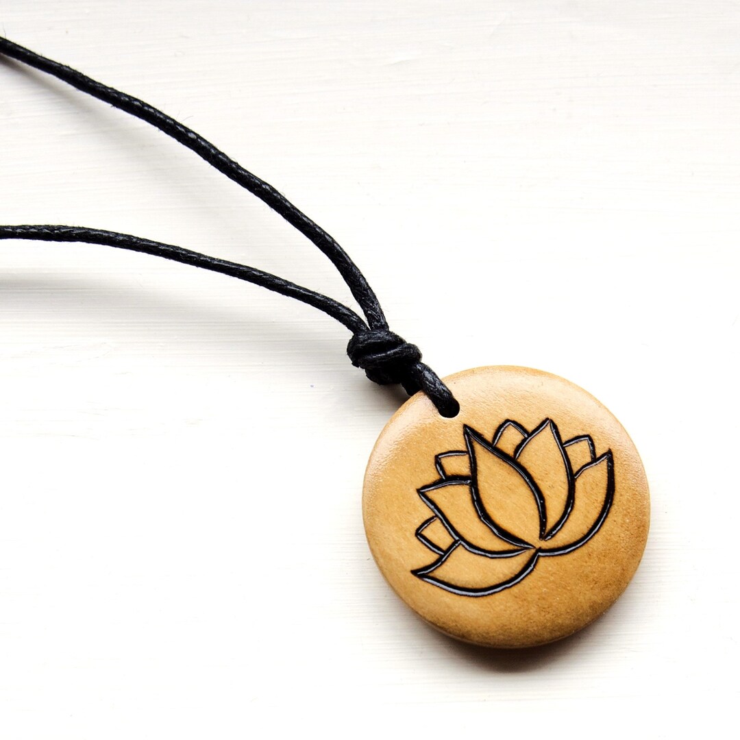 Lotus Flower Pendant Necklace for Men Handmade in Wood Using Pyrography, Personalised Water Lily ...
