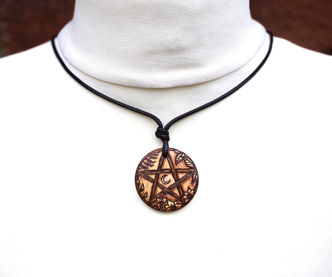Witches Pentagram Necklace Choker, Wood Burned Pentacle Nature Amulet ...