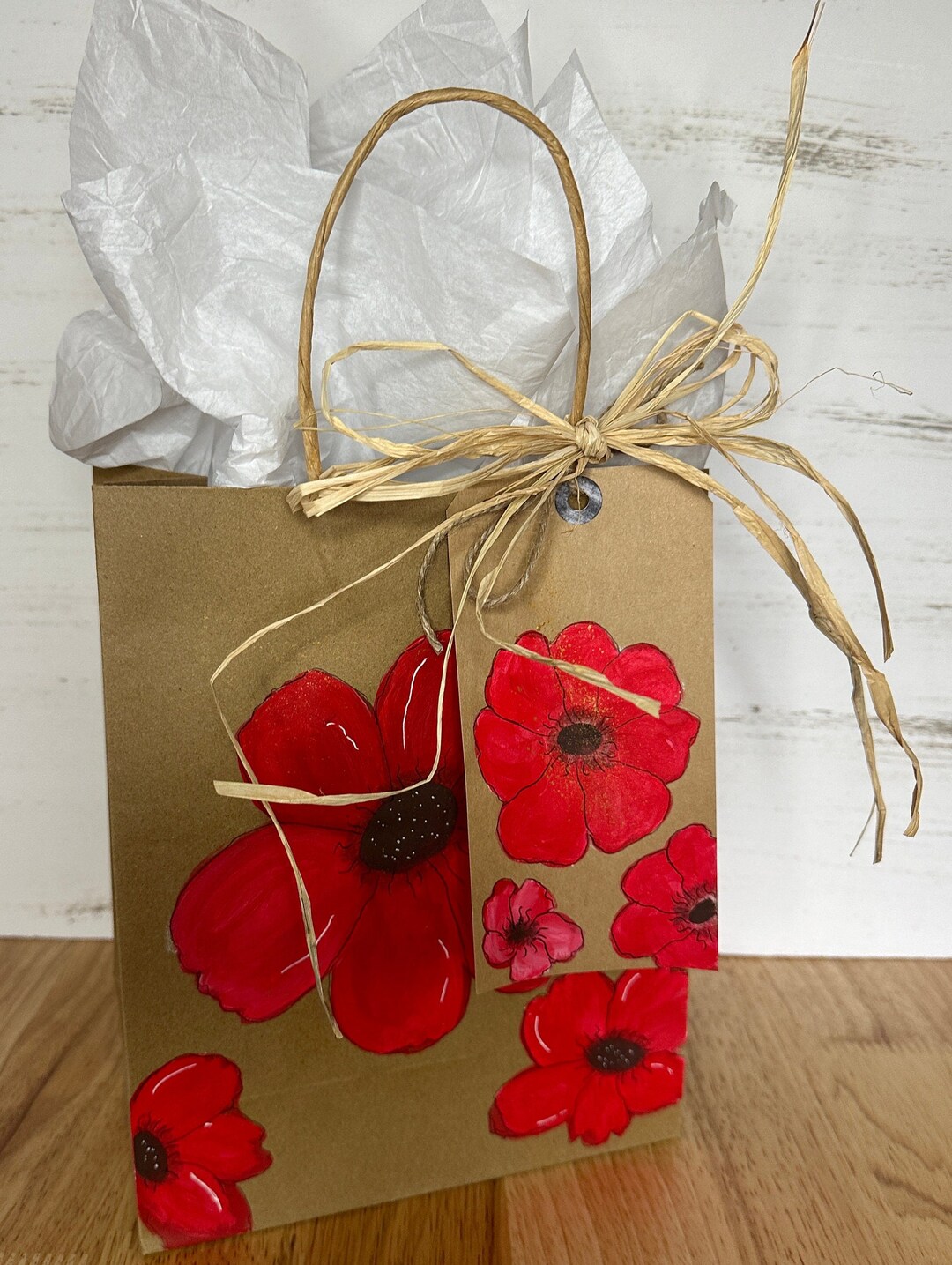 Red Poppy Gift Bag, Hand Painted Gift Bag, Spring Gift Bag, Kraft Gift ...