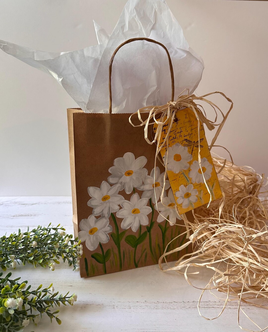 Hand Painted Daisy Gift Bag Set - Etsy