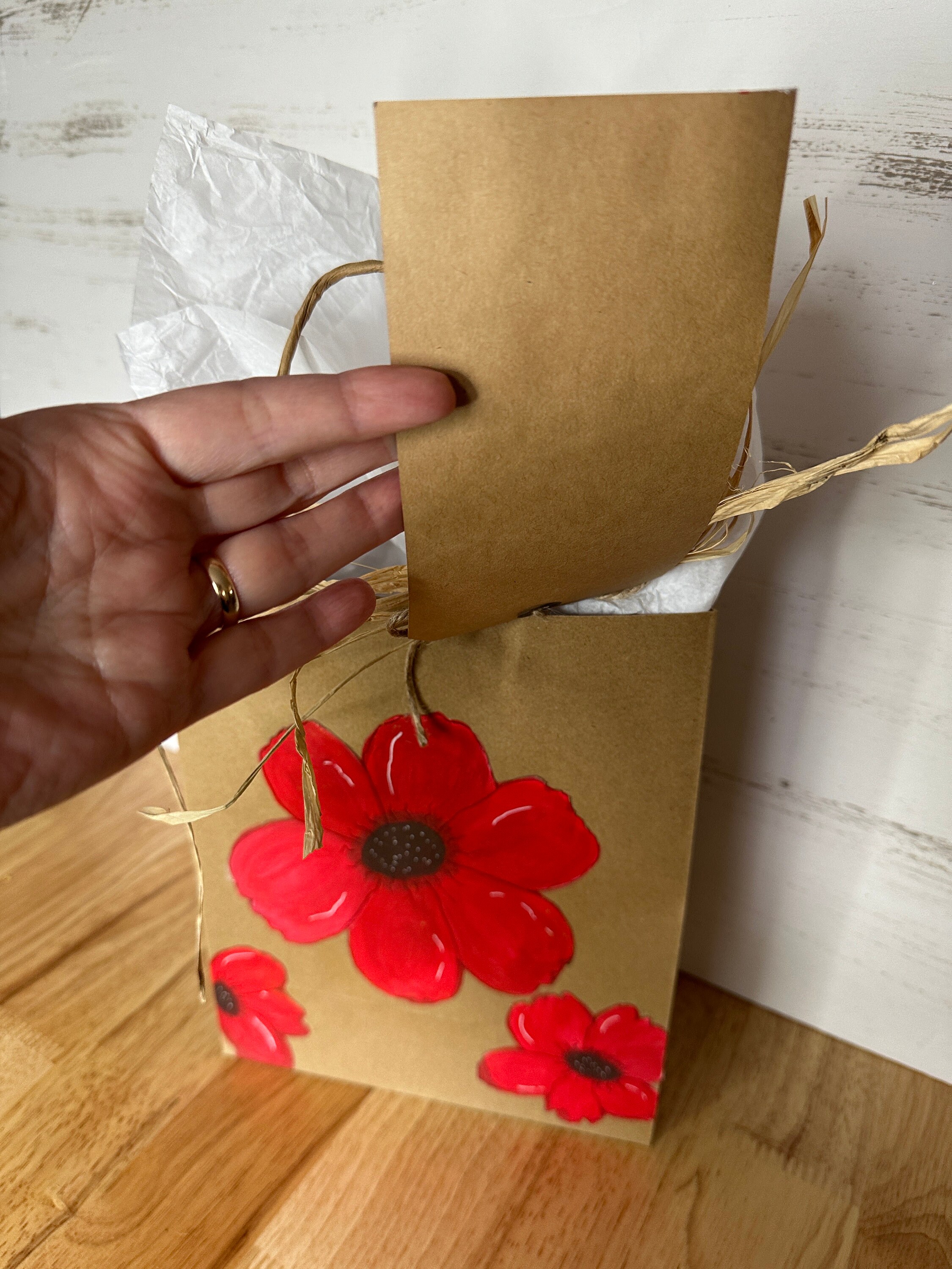 Red Poppy Gift Bag, Hand Painted Gift Bag, Spring Gift Bag, Kraft Gift ...