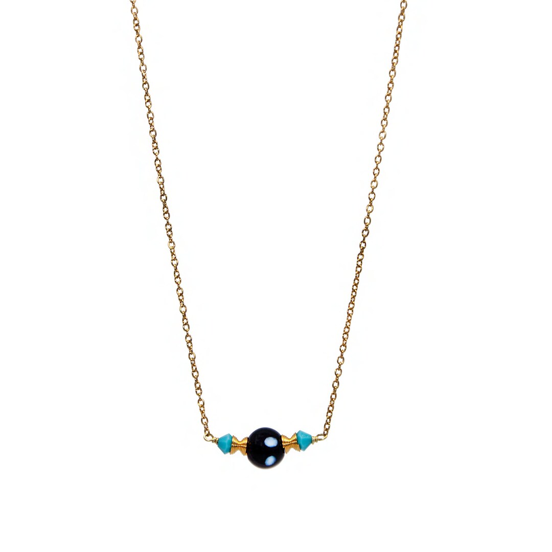Límpa Necklace “clean” – Vintage Bar Necklace With Blue Charms, Conta ...