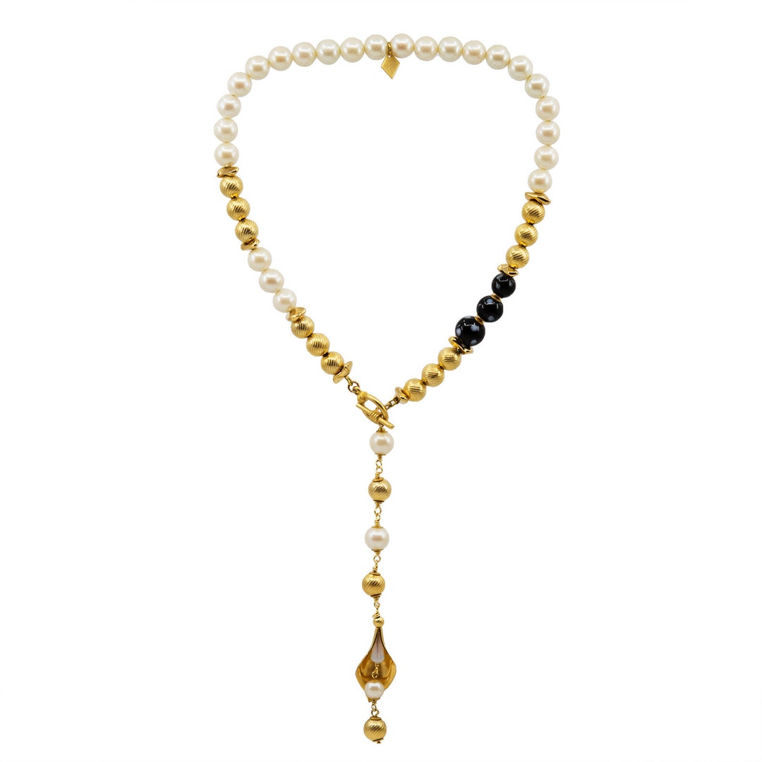 Irina Necklace – Vintage Y-shape Plated Gold and Pearl Beaded Necklace ...