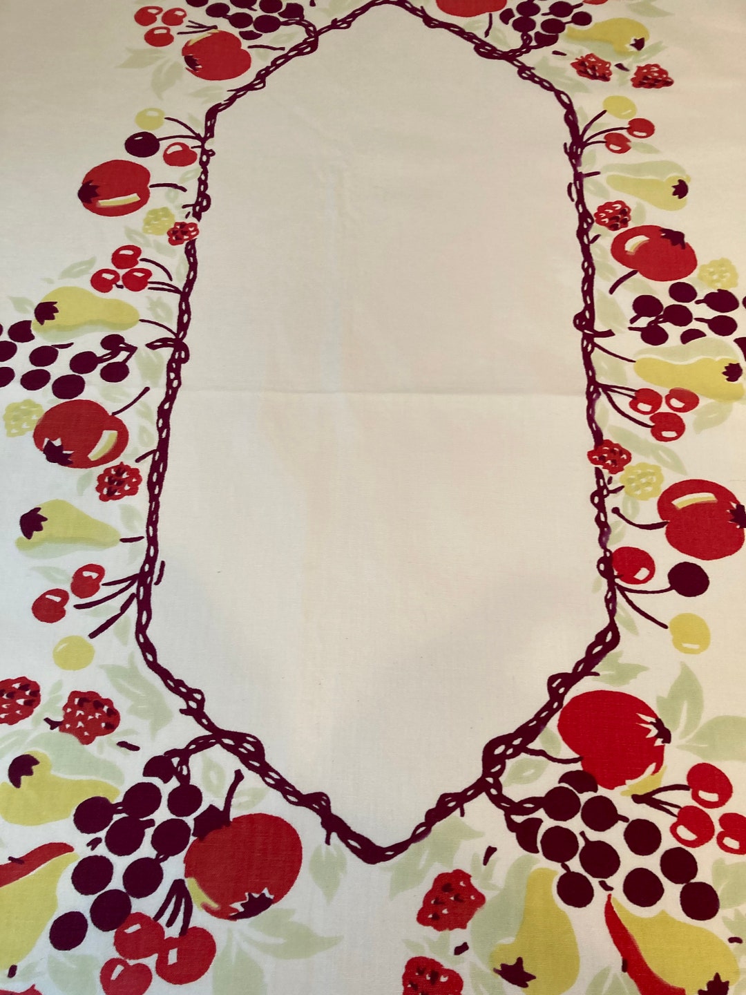 Vintage Tablecloth by "leda" Fruit Salad" Cherries, Pears, Apples ...