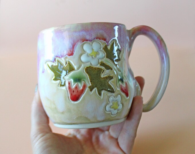12 Oz. Carved Strawberry Mug in Pink & Cream Handmade Botanical Flower ...