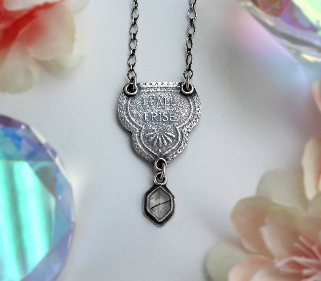 I Fall I Rise Sterling Silver and Rutilated Quartz Quote Necklace ...