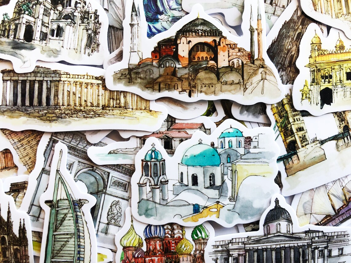 42 World Travel Famous Places Architecture Map Hollywood Rome - Etsy