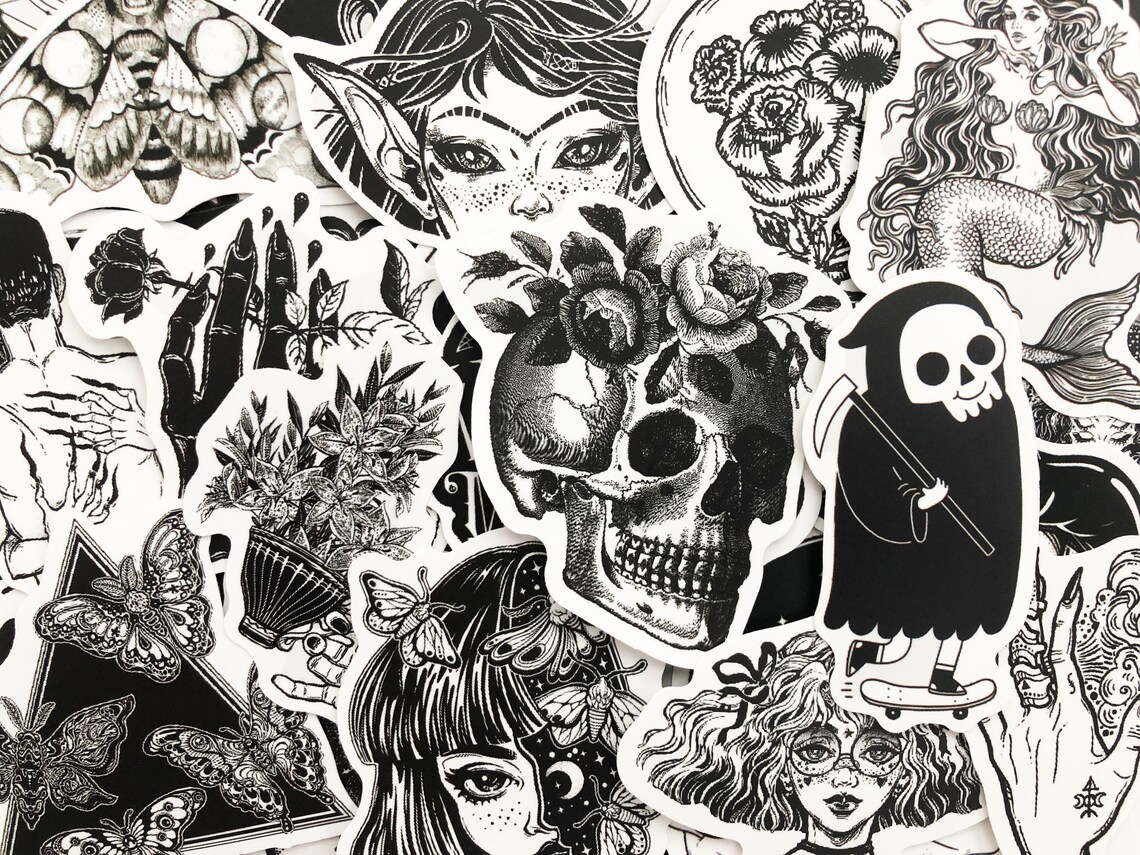 50 Cool Black and White Goth Laptop Stickers Dark Skull Tattoo - Etsy