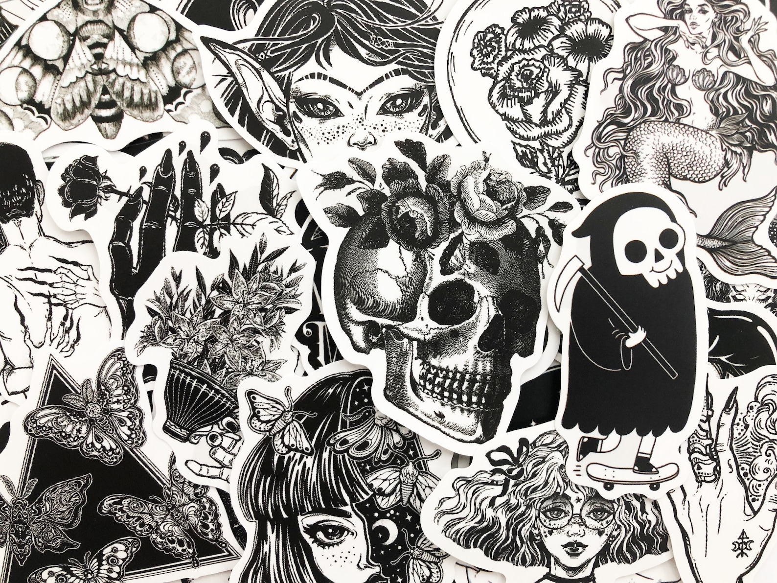 50 Cool Black and White Goth Laptop Stickers Dark Skull Tattoo Decals ...