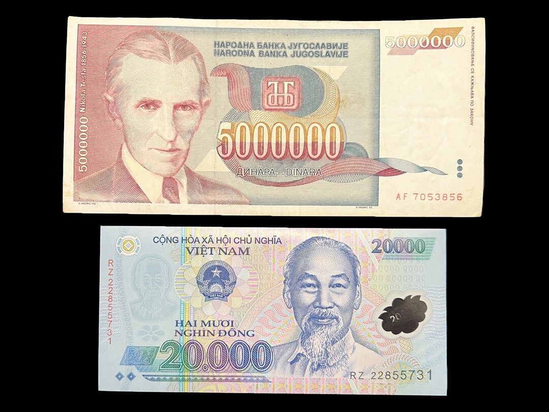 Vietnam 20000 Dong Banknote & Yugoslavia 5 Million Dinara Bill Currency ...