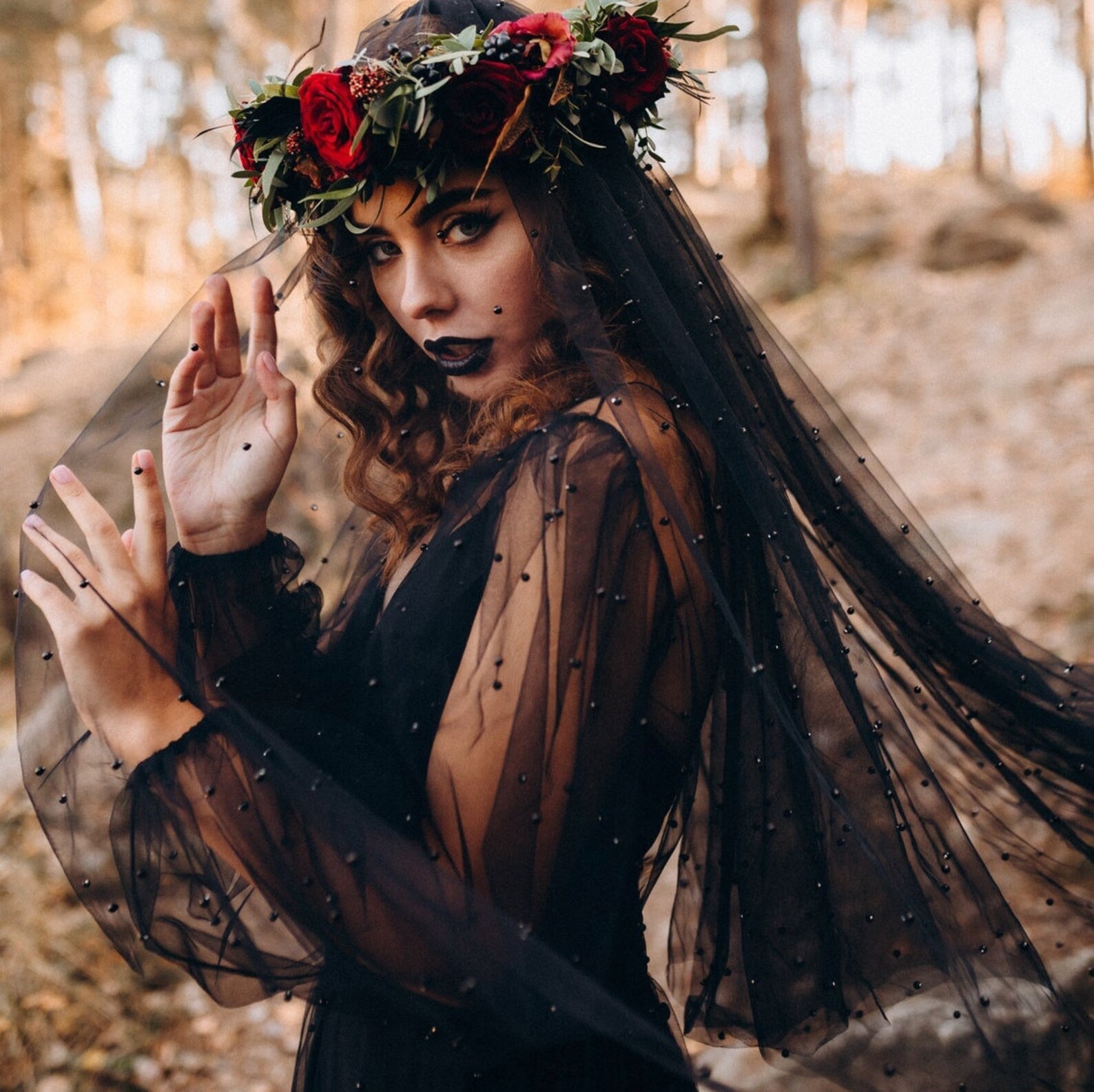 Gothic Wedding Veil With Black Pearls Face Cover Blusher and - Etsy