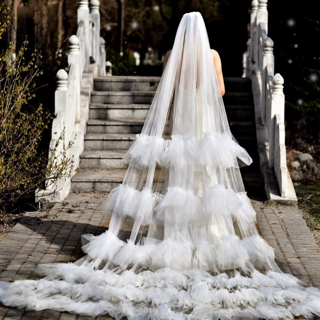 Ruffle Tulle Wedding Veil | Wide Cathedral Boho Bridal Veil | Layered ...