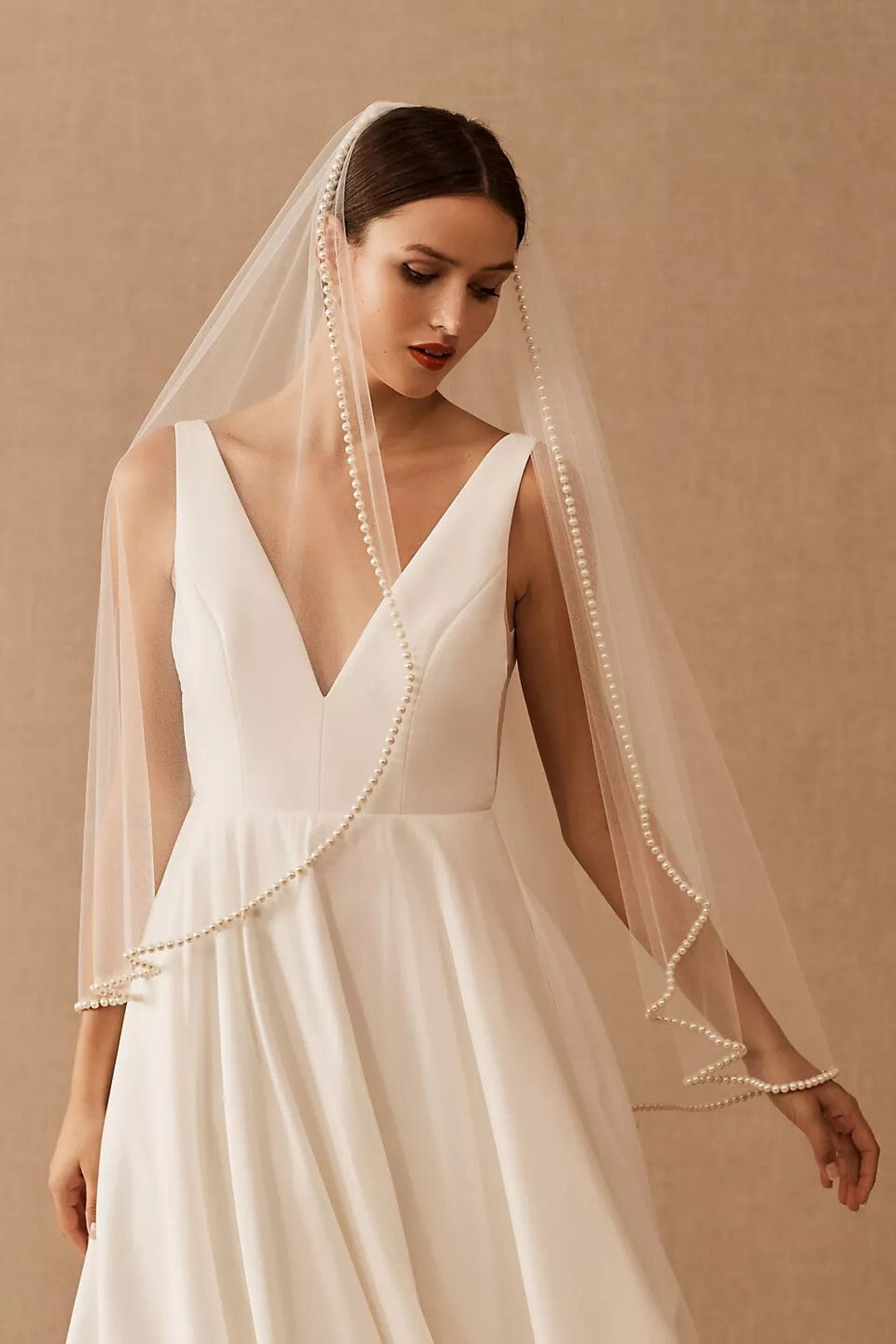 White Pearl Trim Wedding Veil, Pearl Edge Bridal Veil, Cathedral Pearl ...