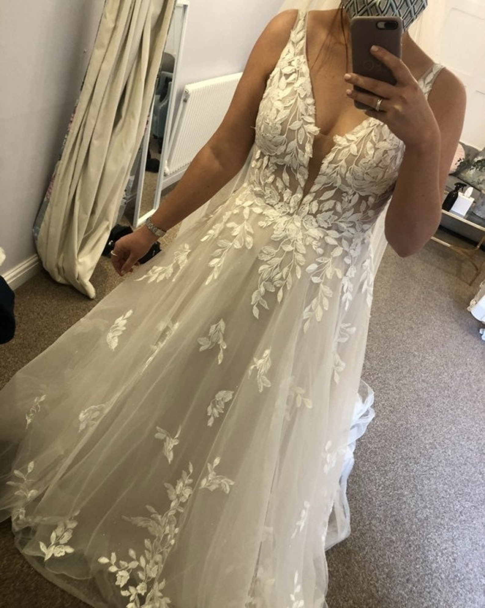 Floral Lace Vine Wedding Dress for Garden Weddings, Open Back Deep V ...