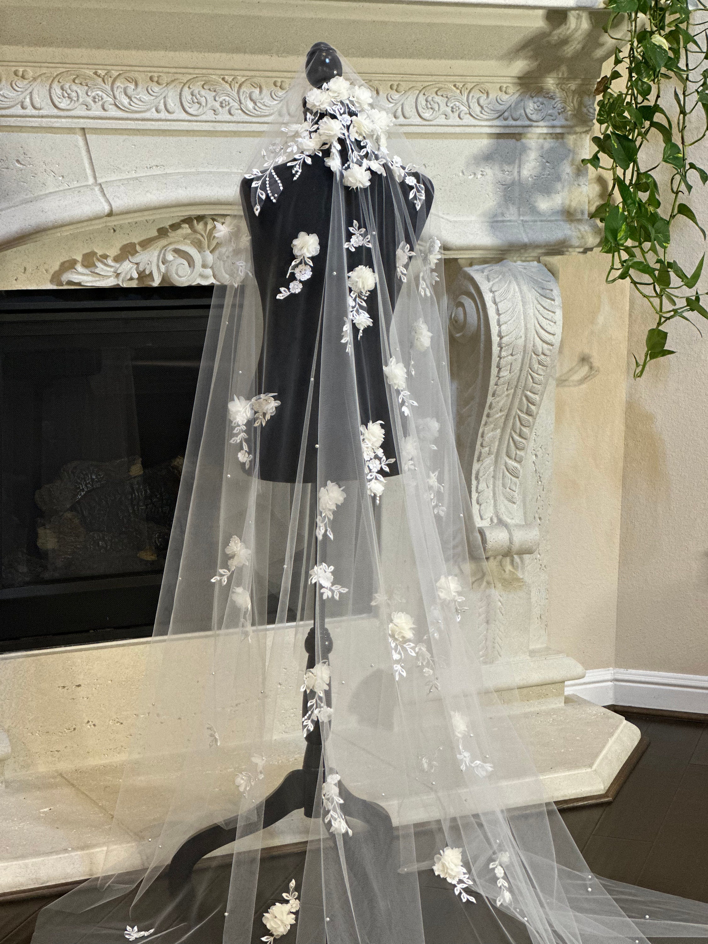 Floral Pearl Wedding Veil, Full Width Flower Bridal Veils With Comb ...