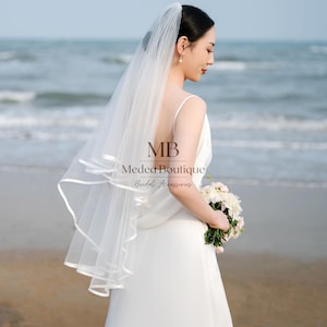 Waterfall Wedding Veil, Satin Trim Cascade Bridal Veil, Satin Ribbon ...