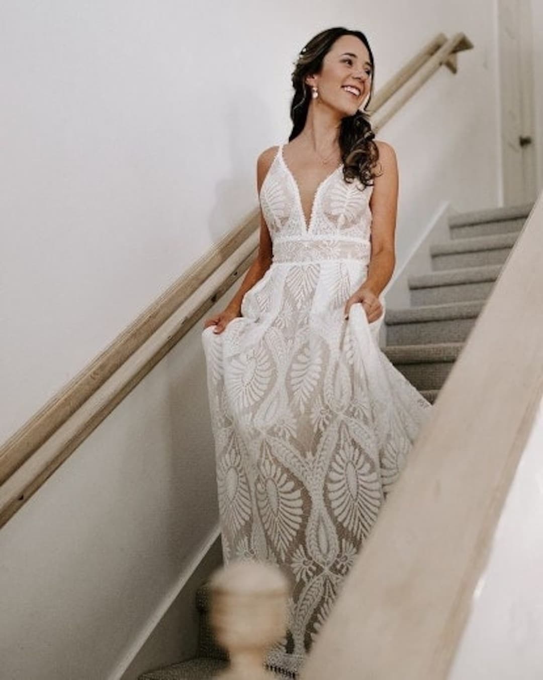 Floral Lace Wedding Dress for Boho Weddings, Open Back Bohemian Wedding ...