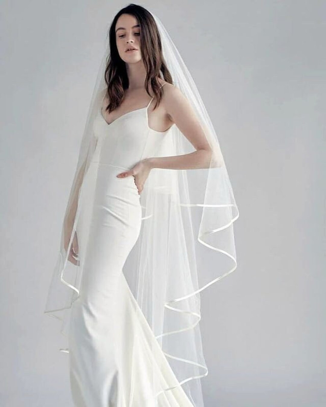 Waterfall Wedding Veil, Satin Trim Cascade Bridal Veil, Satin Ribbon ...