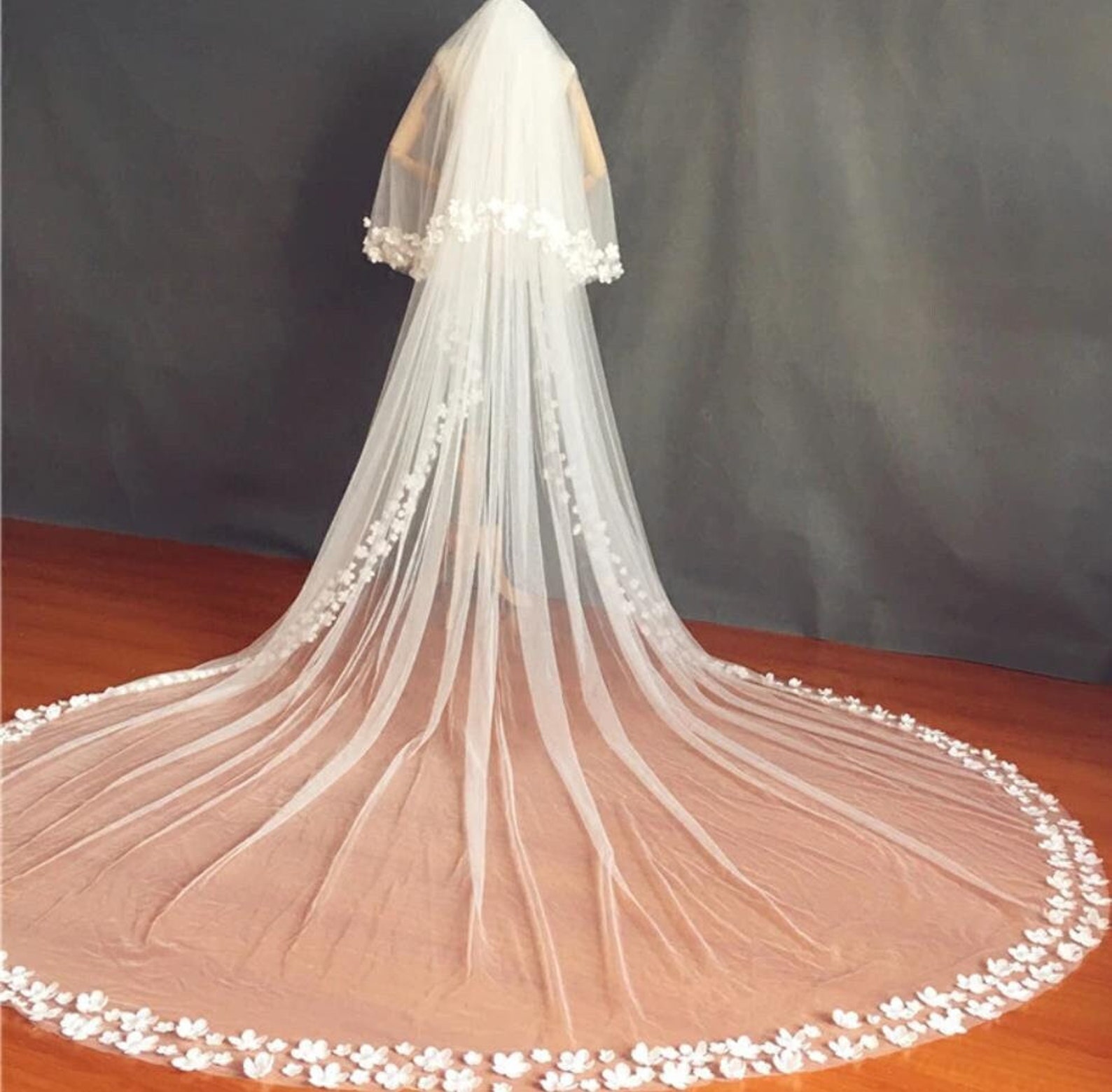 Wedding Veil With Flower Petal Hem Floral Bridal Veil Wide - Etsy