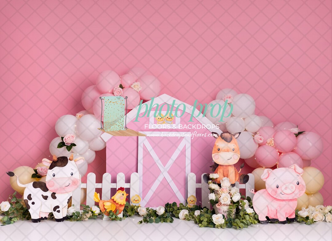 Pink Barn Photography Backdrop - Cows, Farm, Animals, Hay Bales, Milk ...