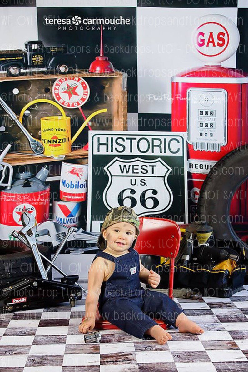 Gas Station Photography Backdrop - Route 66, Garage, Checker Board, Gas ...