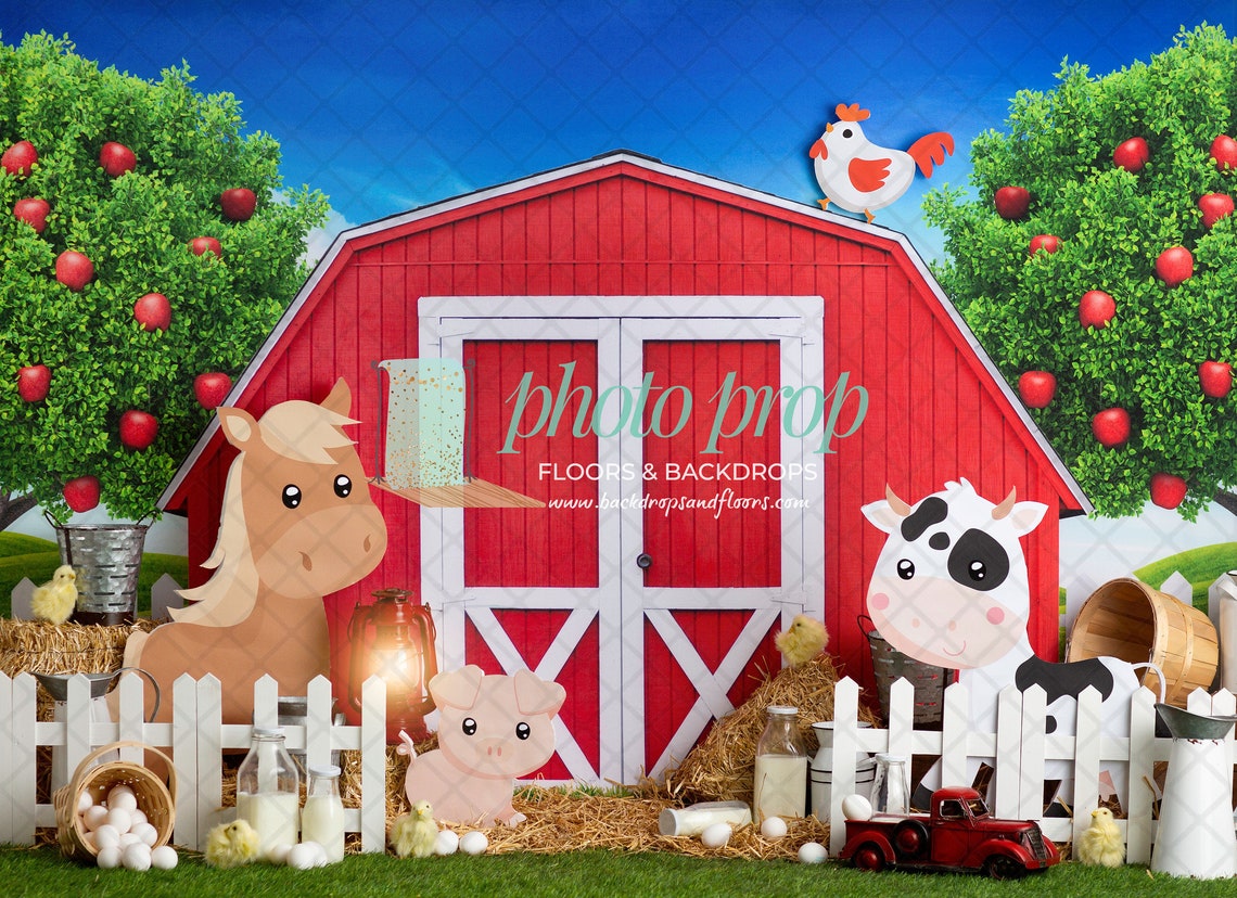 Red Barn & Farm Animals Photography Backdrop Apple Trees - Etsy