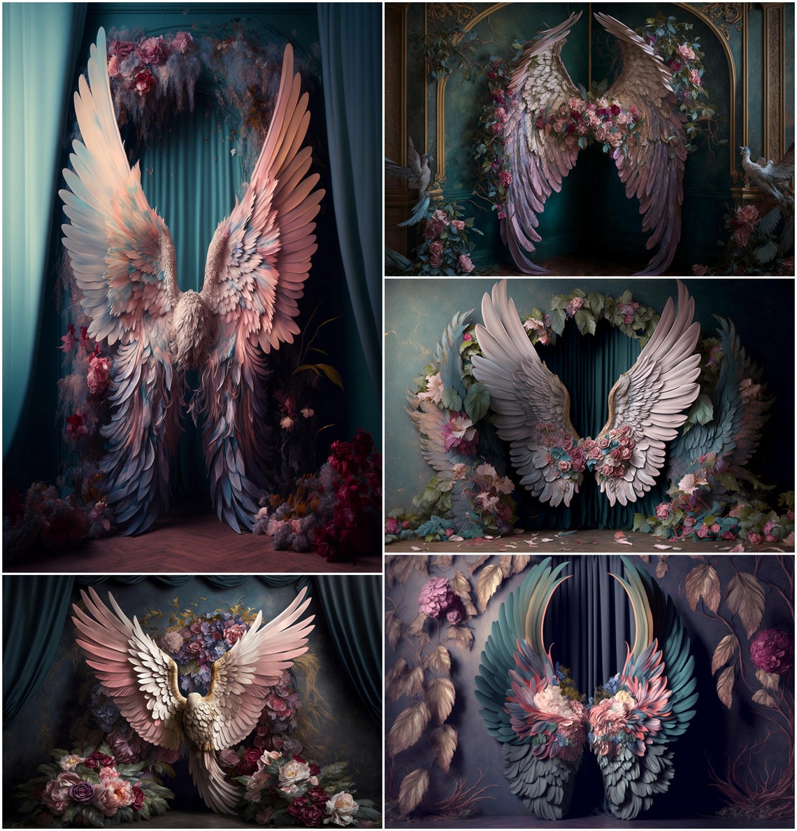 5 Colorful Angel Wings DIGITAL Backdrops - Feather, Floral, Ethereal ...