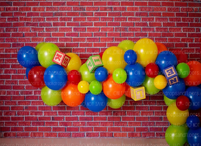 Primary Color Balloon Arch on Red Brick Wall Photography Backdrop ...
