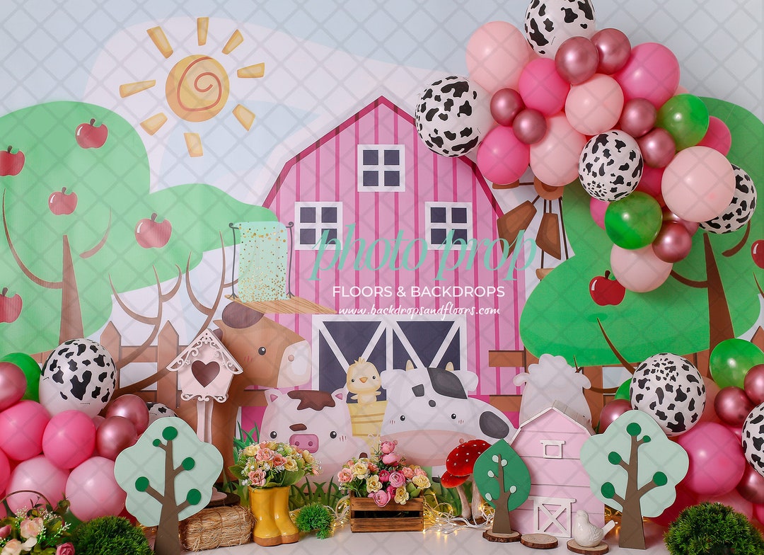 Pink Barn Photography Backdrop - Farm Animals, Balloon Arch, Flowers ...