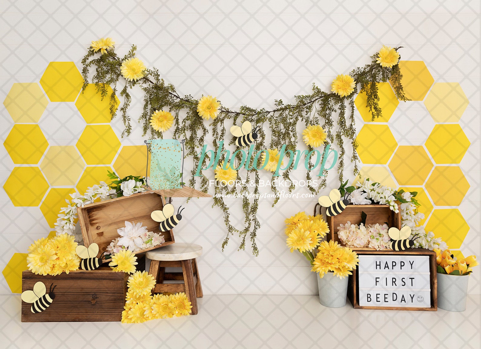 Honey Bee Photography Backdrop - Yellow, Floral, Flowers, Sunflowers ...