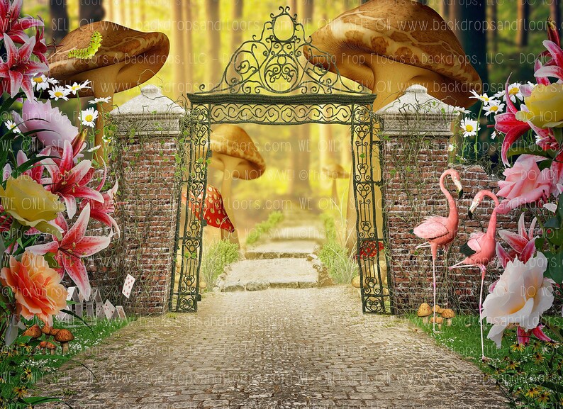 Whimsical Tea Party Photography Backdrop Playing Cards Red Roses Bunny ...