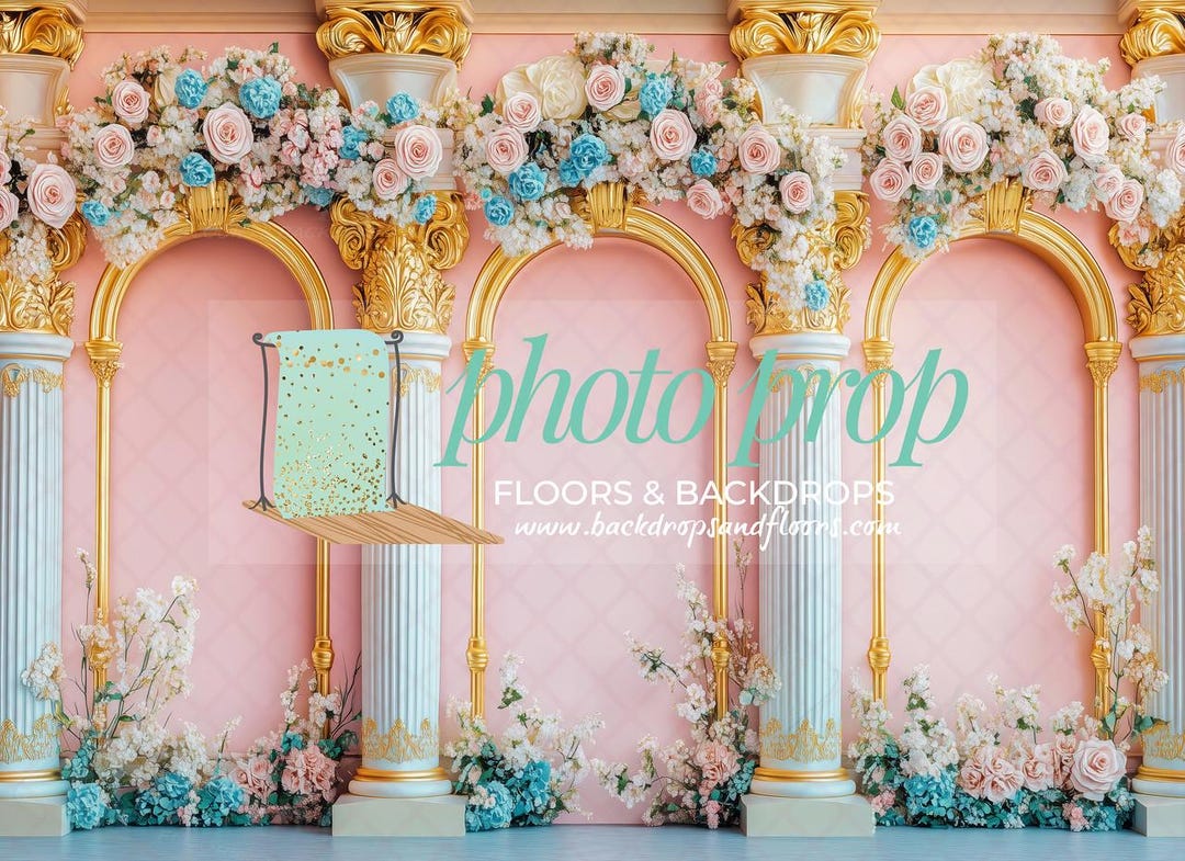 Floral Column Photography Backdrop - Spring Columns, Flowers, Gold, Columns, Arches, Royal ...