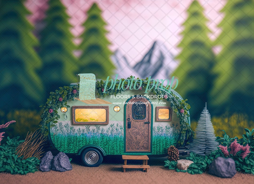 Green Vintage Camper Photography Backdrops Woodland, RV, Camping ...