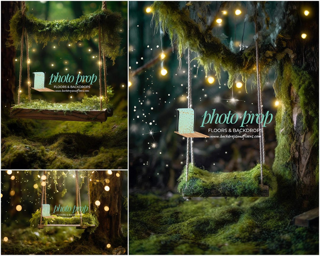 3 Green Moss Rope Swings DIGITAL Backdrops - Fireflies Enchanted Forest ...
