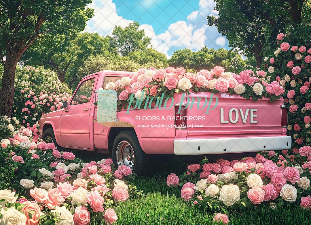 Pink Flower Truck Photography Backdrop Pick up Truck, Vintage, Easter, Spring, Valentines Day ...
