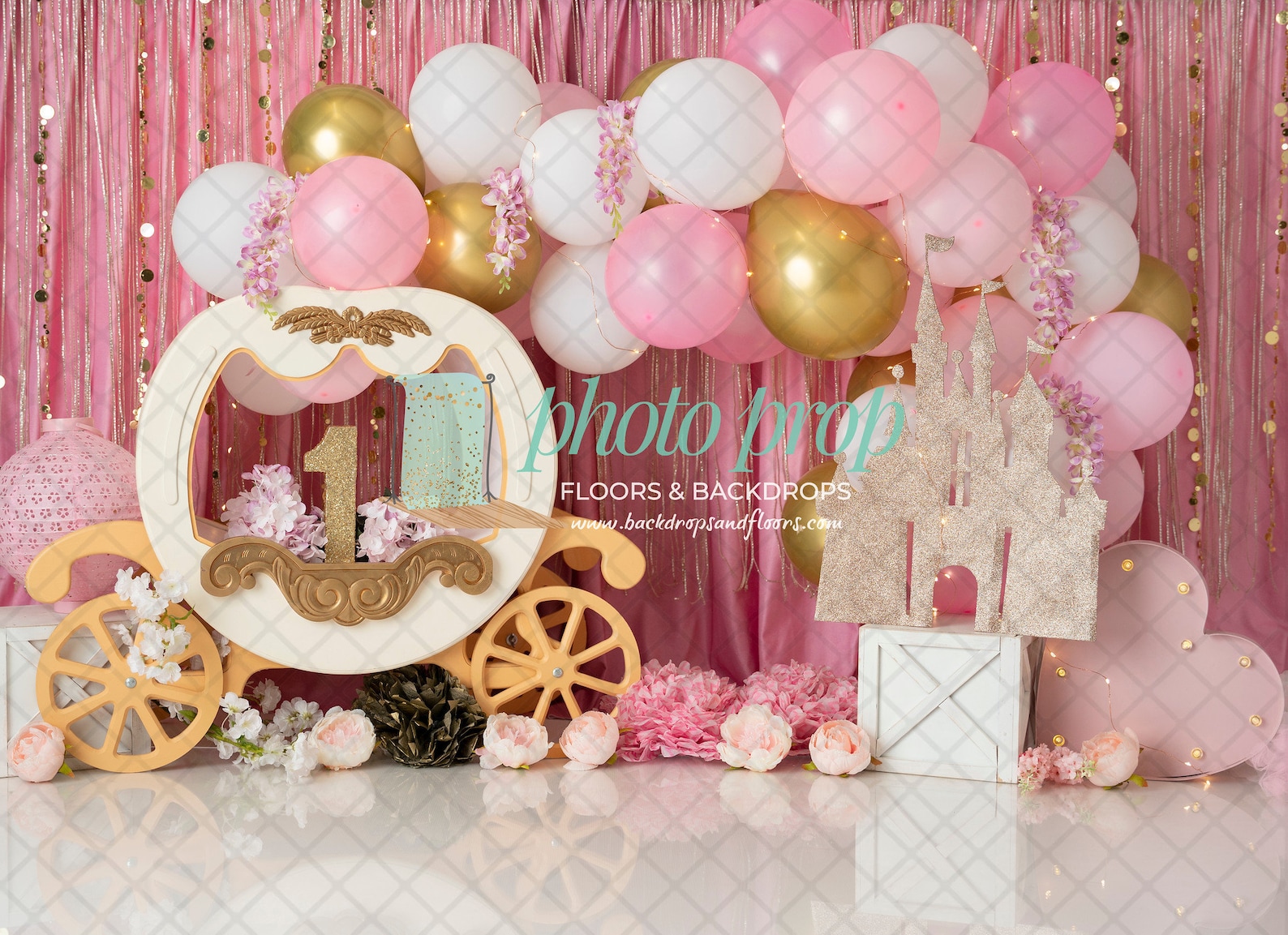 Pink Princess Carriage & Castle Photography Backdrop - Gold, Sparkling ...