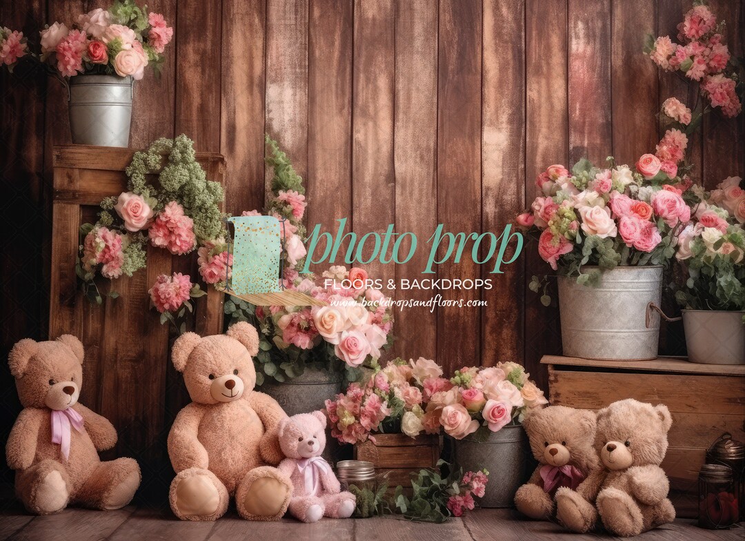 Surreal Rustic Teddy Bears Photography Backdrop - Flowers, Stuffed ...
