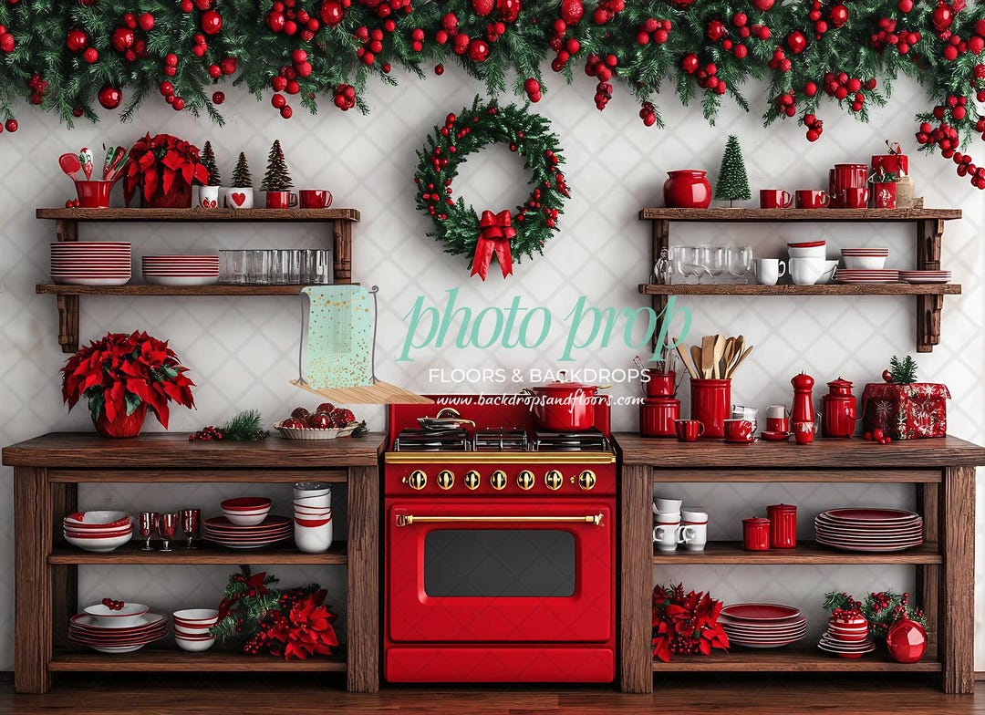 Christmas Kitchen Photography Backdrop - Mrs Claus, Santa, Holiday ...